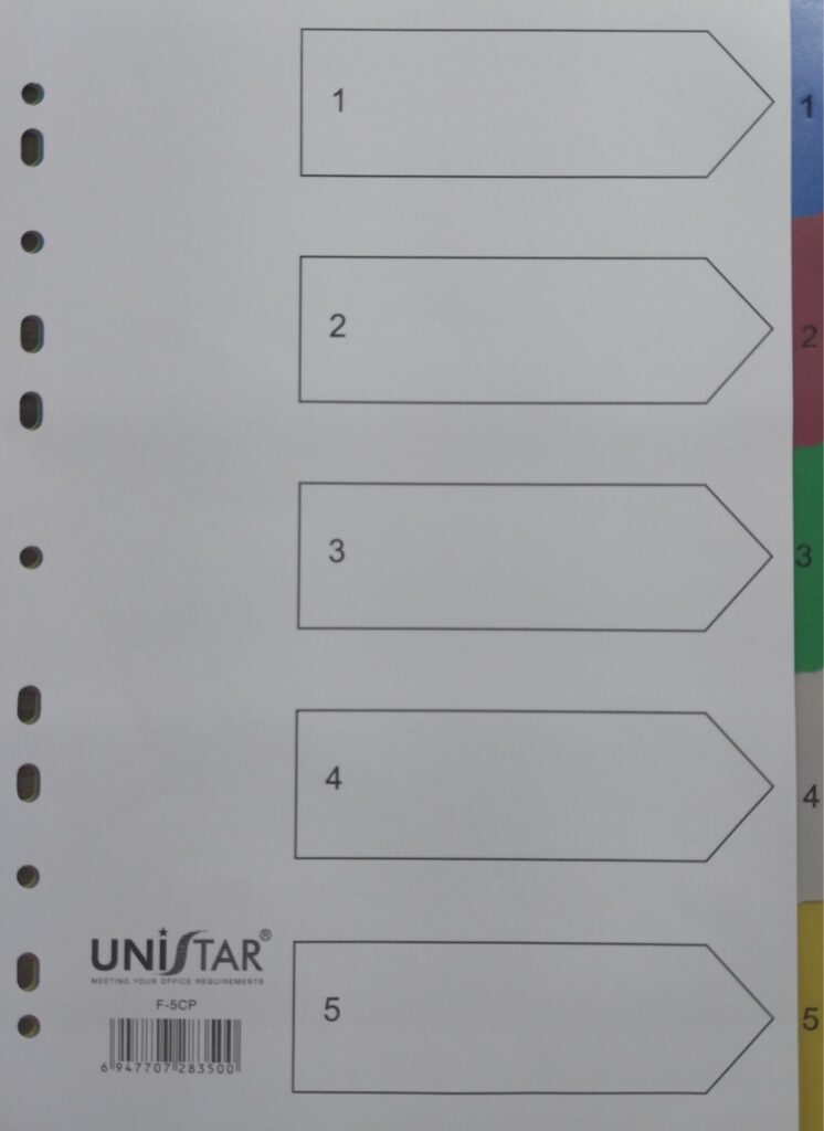 UNISTAR PP Divider 1-5 Color - Box of 50 Sets - Pentoink